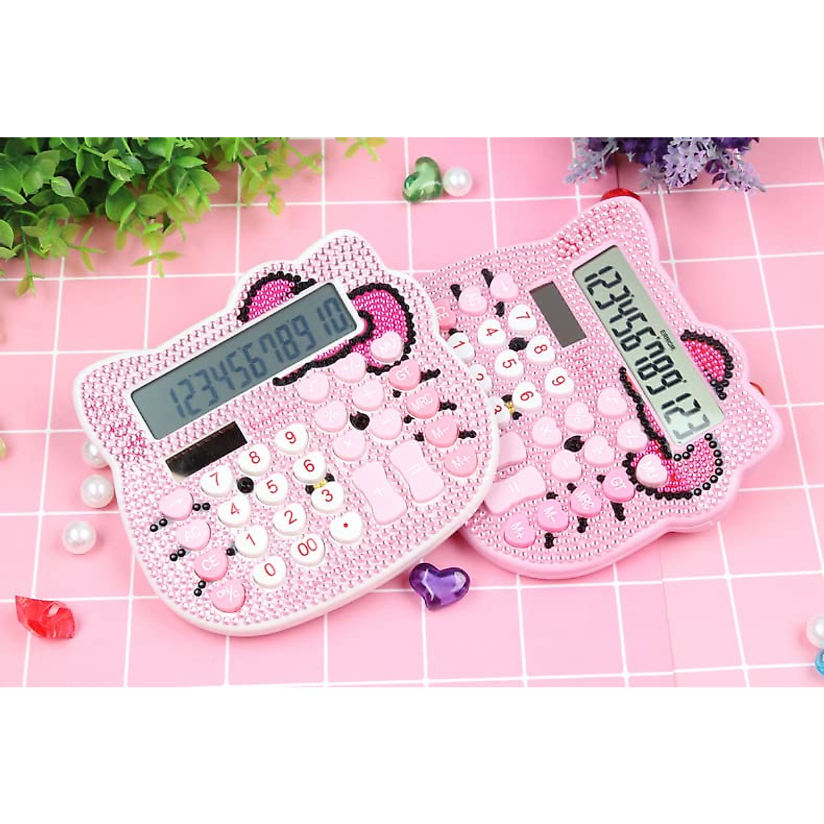 Cute Calculator Cat Crystal Calculator Girl and Women Pink Calculator Large LCD Display Dual Drive by Solar Energy and Battery for School Office Home