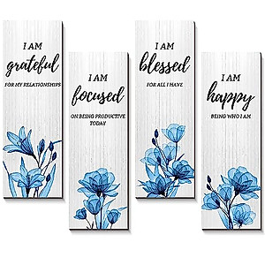 Creoate 4 Pieces Flower Pictures Blue Wall Decor Inspirational Living Room Wall Art Wooden Hanging Plaque - Thankful Grateful Blessed Home Decoration, Gift for Girls, Women，4x12x0.3 Inch x4pcs