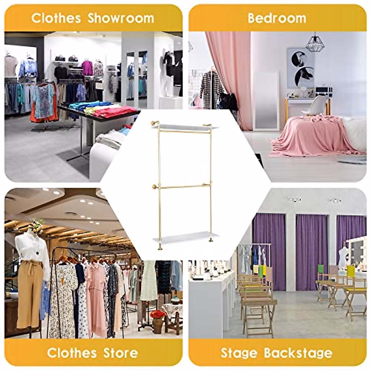 Industrial Pipe Clothing Rack, Golden Pipe Clothes Rack Wall Mounted With 2 Tier Real Wood Shelves Attach To The Wall Sturdy And Stylish Industrial Garment Rack Hold The Clothes Display The Clothes
