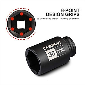 CASOMAN 1/2" Drive x 36 mm Deep 6 PT Impact Socket, CR-MO, 1/2-inch Drive 6 Point Axle Nut Socket for Easy Removal of Axle Shaft Nuts (36MM)