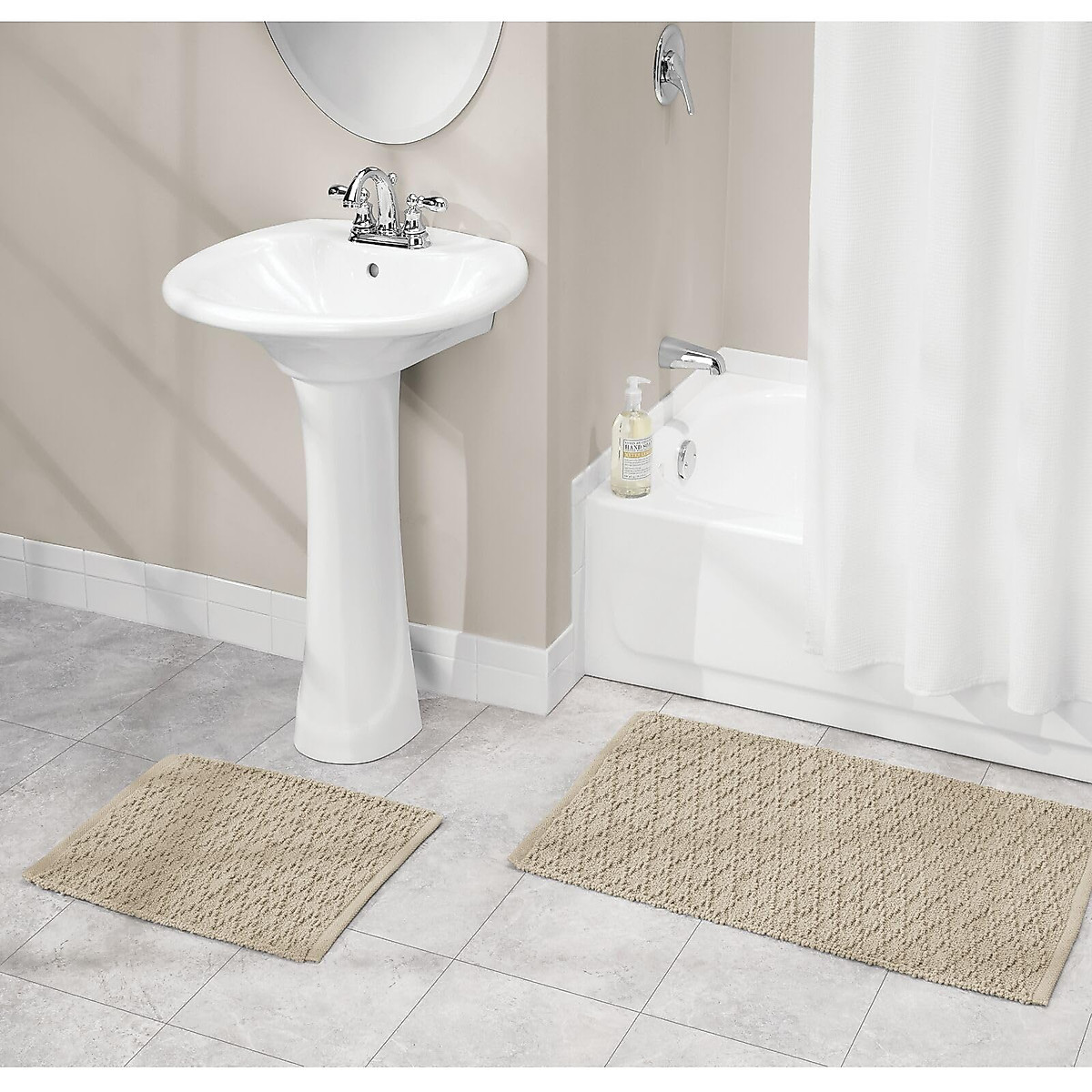 mDesign Soft 100% Cotton Luxury Rectangular Spa Mat Rugs, Water Absorbent, Diamond Design - for Bathroom Vanity, Tub/Shower, Machine Washable - Runner, Standard & Small Rug - Set of 3 - Linen/Tan