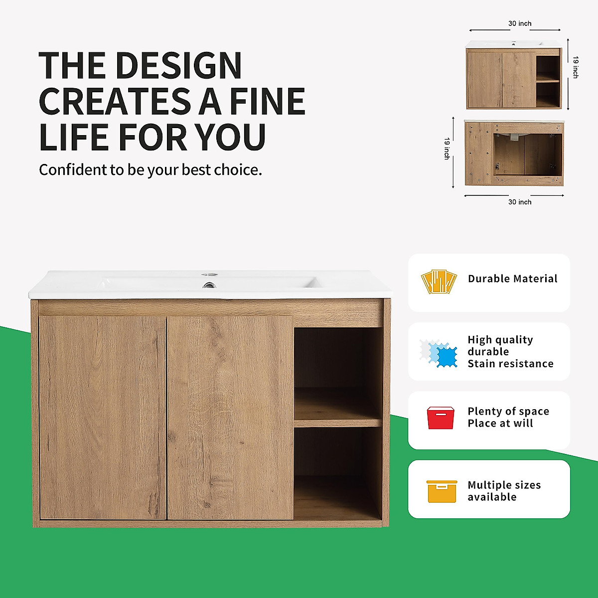 San Merah 30" Wall-Mounted Bathroom Vanity with Sink - Floating Single Door Cabinet & Right Shelf, Space-Saving Modern Design for Small Bathrooms, Ceramic Basin Combo