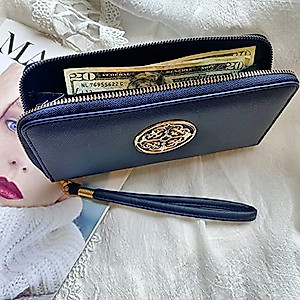 Rebecca & Rifka Women's Large Saffiano Vegan Leather Medallion Zip Around Multi Holder Organizer Wristlet Large Capacity Travel Clutch Wallet (Navy)