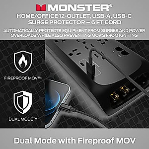 Monster Black Heavy Duty Surge Protector Power Strip 6 ft Cord with 12 120V-Outlet Extension, 2 Ethernet Switch Ports, 4050J Rating, 1 USB-A, and 1 USB-C Charging Ports – Ideal for Computers & Offices