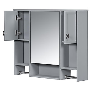 Linique Medicine Cabinet with Mirror, Shelves, 2 Towel Bars, Modern Wall-Mounted Bathroom Storage Cabinet with 3 Doors, Grey