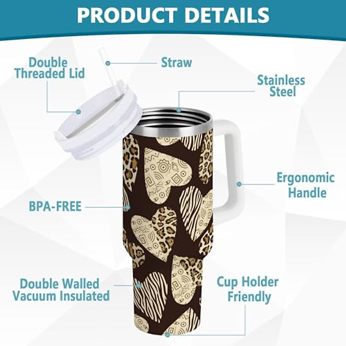 MCHIVER Hearts Animal Skin 40 oz Tumbler with Handle and Straw Stainless Steel Vacuum Water Bottle Leak-proof Travel Coffee Mug Insulated Tumbler for Home Car Office
