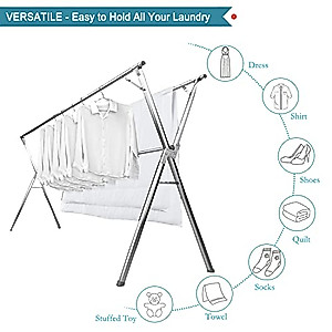 JAUREE 95 Inches Clothes Drying Rack Clothing Folding Indoor Outdoor, Heavy Duty Stainless Steel Laundry Drying Rack, Foldable Portable Garment Rack with 20 Windproof Hooks