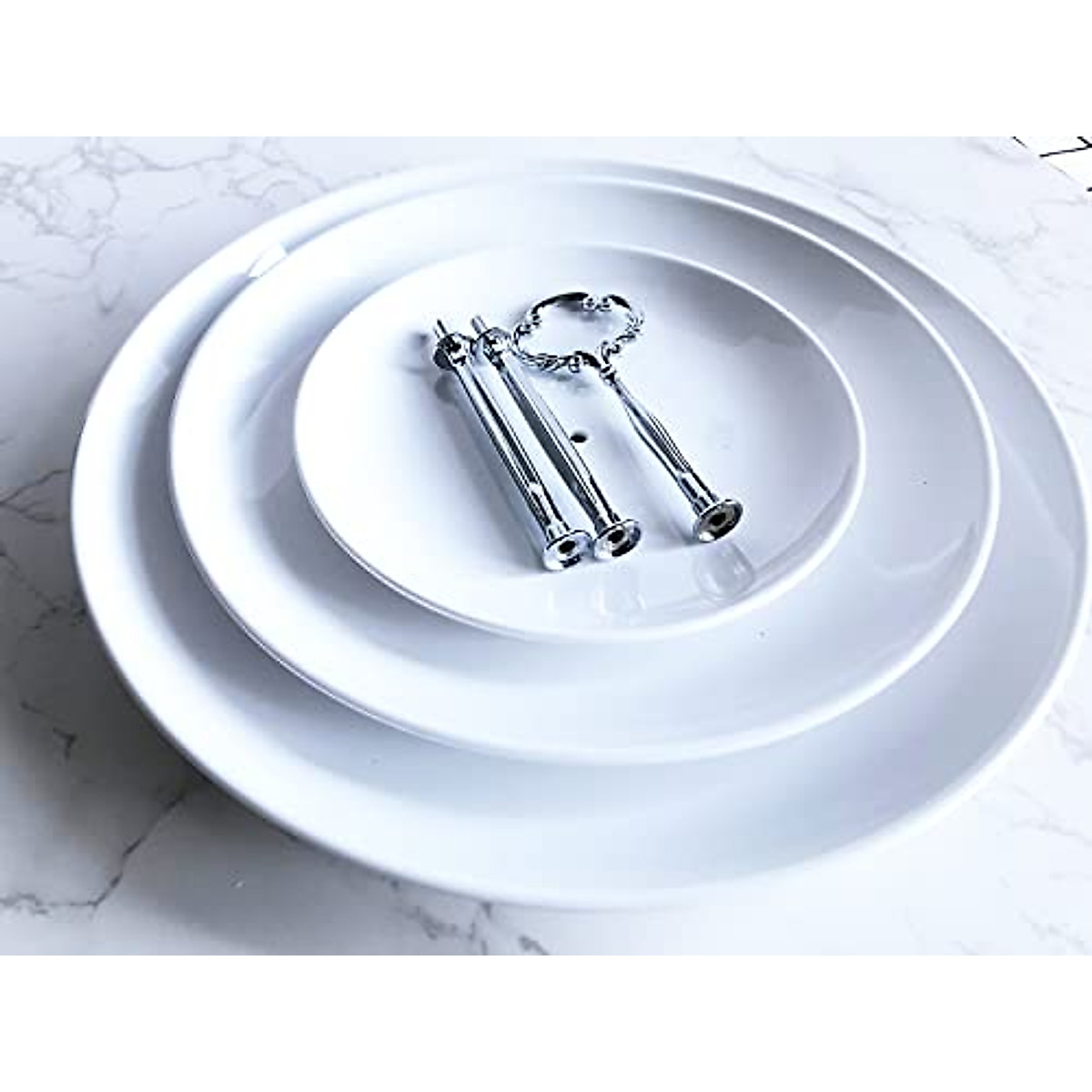 3 Tier Serving Tray,White Cupcake Stand,Cake Stand,Three Tiered Dessert Pastry Stand,Fruit Tea Party Stand(Melamine Material,Large Size.Silver Rod) with A Table Number Holder