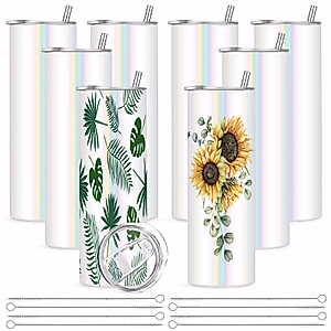 Roshtia 8 Pack Sublimation cups 20 oz Straight Skinny Tumbler Stainless Steel Glitter Tumblers Blank Double Wall Insulated Cups with Straw Brush, Lid and Straw for DIY Gift