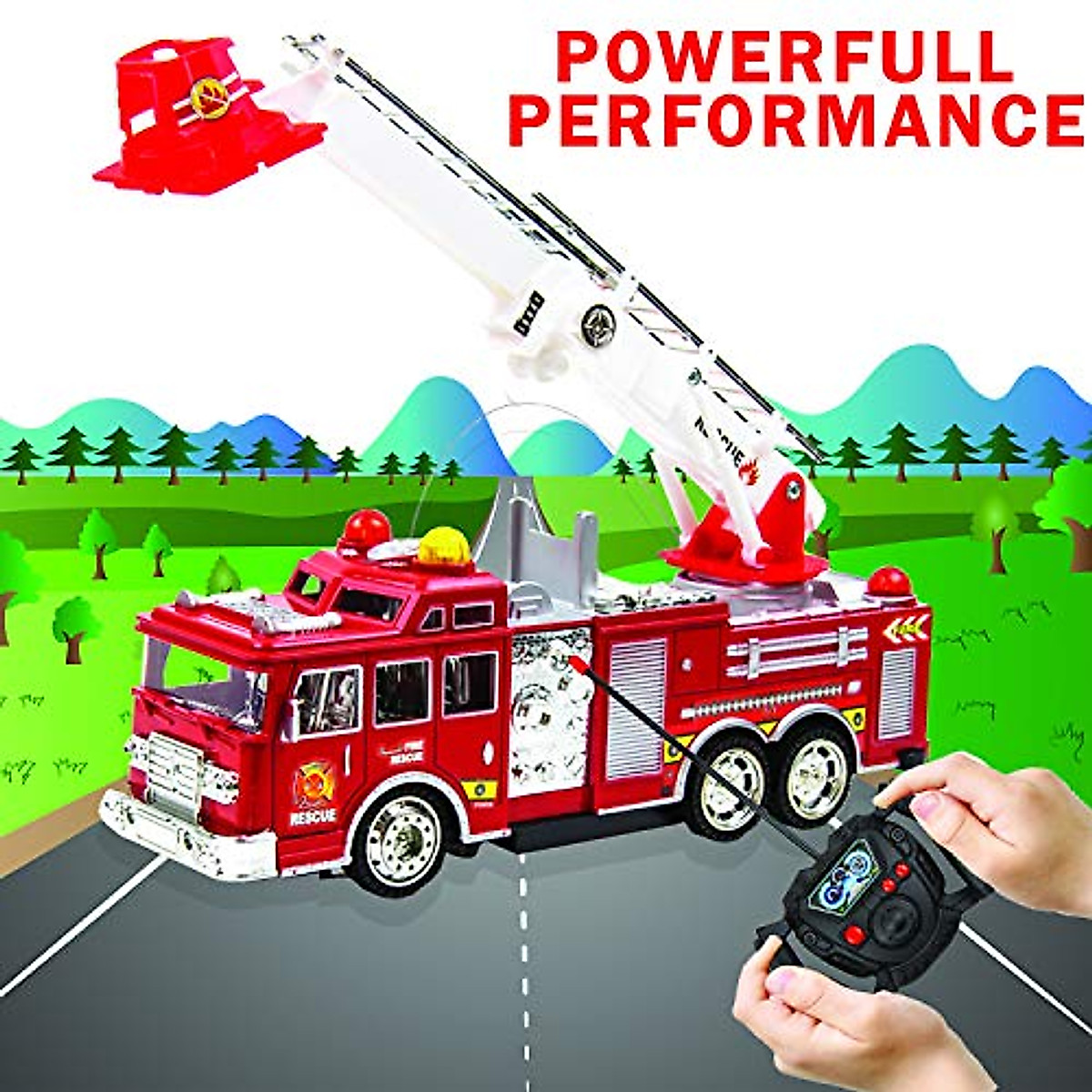 Toysery Remote Control Fire Truck Toy, Realistic Rc Trucks Toddler Toys, Siren Head Toy with Vivid Lights, Bump and Go Red Fire Trucks for Kids, Big Fire Truck with Extending Fire Ladder