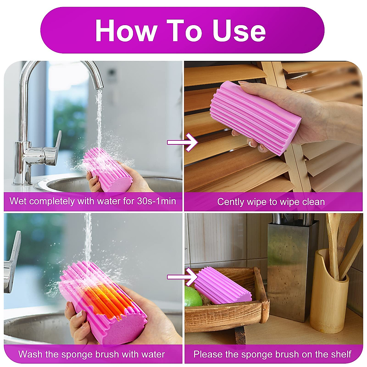 BITOPE 3 Pack Natural Duster, Magical Dust Cleaning Sponge, Duster for Cleaning Venetian & Wooden Blinds, Vents, Radiators, Skirting Boards, Gray +Pink+Yellow