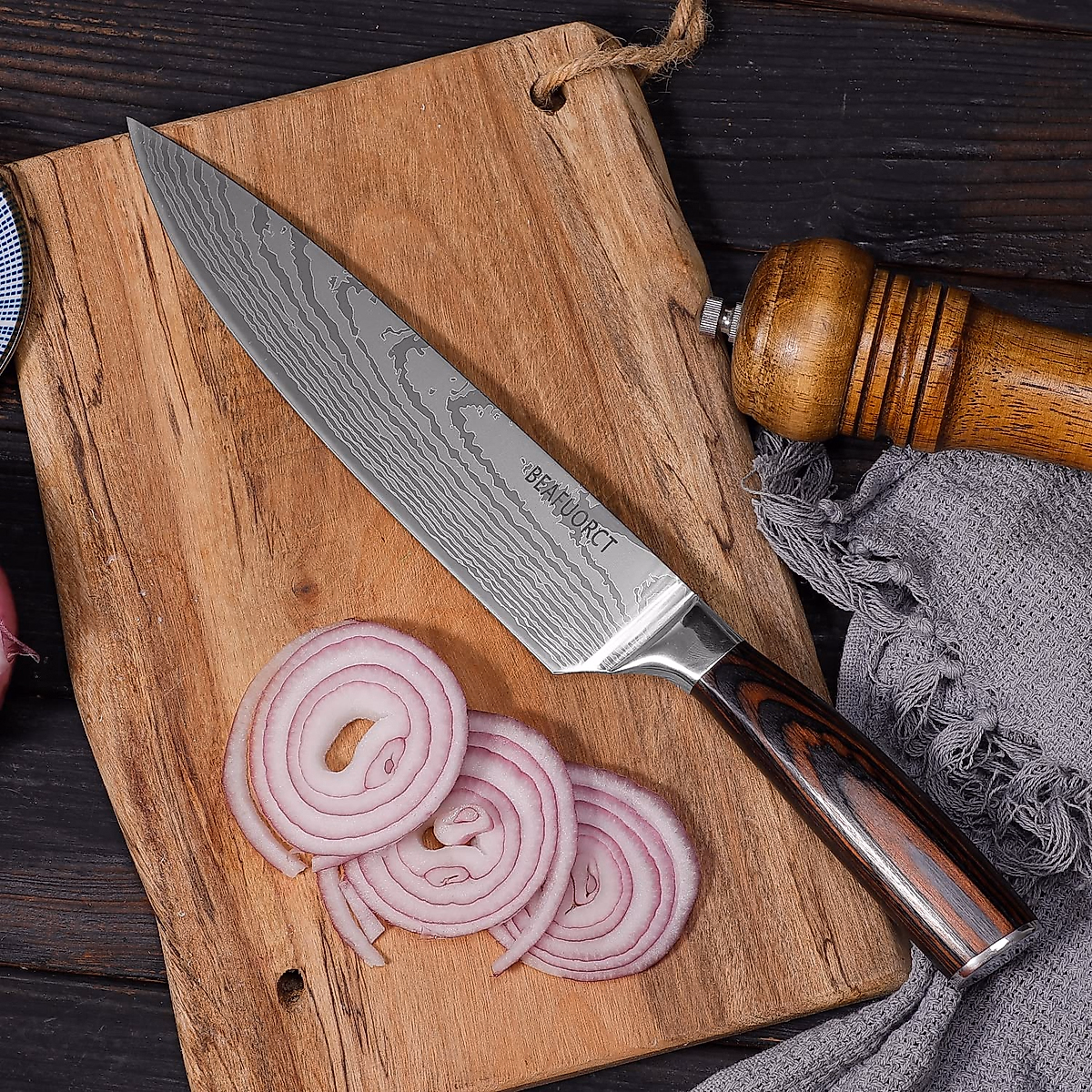 BEAFUORCT 8inch Stainless Steel Chef Knife Set Professional Japanese Chefs Knife and Knife Sharpener with Gift Box