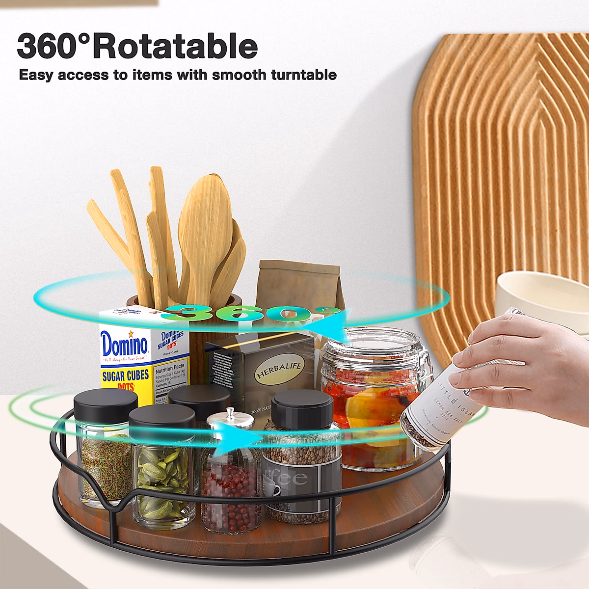 Lazy Susan Turntable Organizer with Anti-slip Mat for Cabinet Pantry Kitchen Countertop Refrigerator Office, Pine Wood, 10", Brown