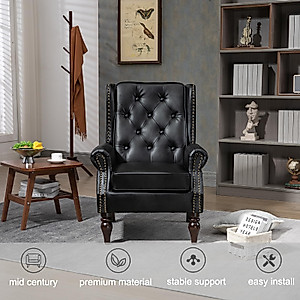 Meesifeel PU Leather Accent Chair,High Wingback Chair with Buttons, Modern Living Room Chairs,Single Club Armchair with Rivet Decoration,Upholstered Reading Chairs for Living Room/Bedroom (Black)