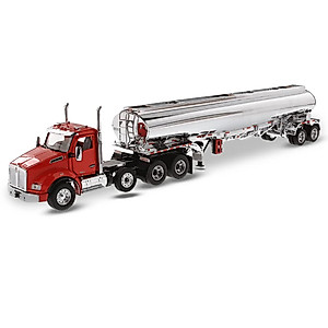 Diecast Masters Kenworth T880 SBFA Tractor Truck - Red | DayCab Pusher-Axle Tandem Tractor with Heil FD9300/DT-C4 Petroleum Trailer | 1:50 Scale Model Semi Trucks | Diecast Model 710102