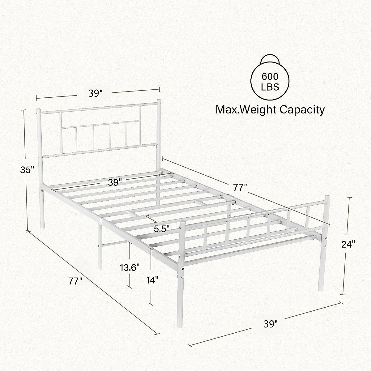 HOMBCK Twin Bed Frame with Headboard & Footboard, Twin Platform Bed Frame with 14 Inch Under-Bed Storage, Heavy Duty Slat Support, No Box Spring Needed, Easy Assembly/White