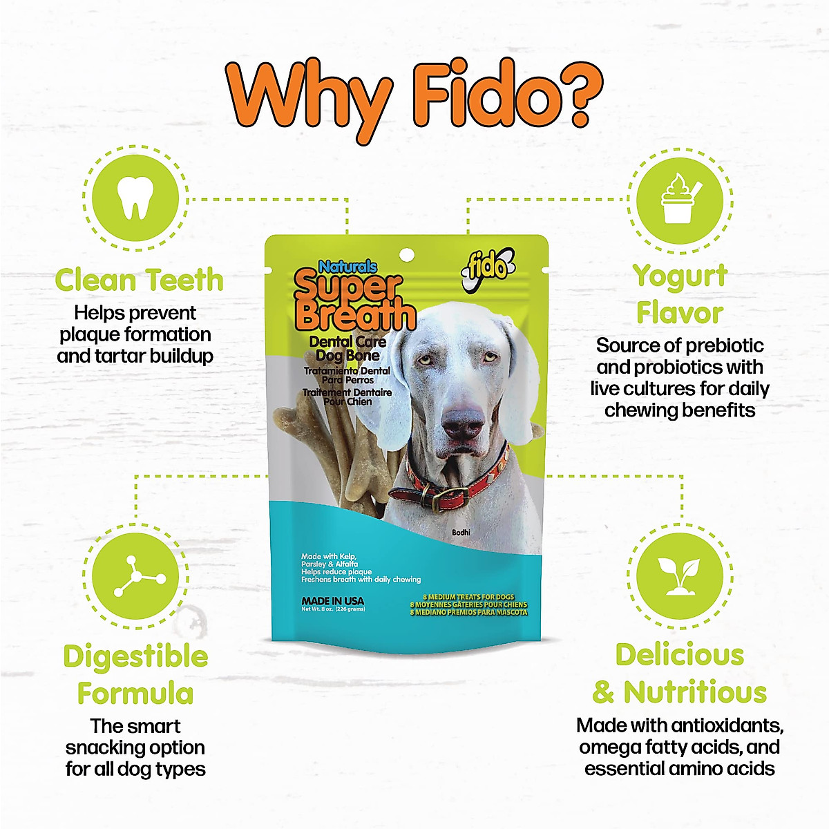 Fido Super Breath Dental Care Bones for Dogs - 8 Treats Per Pack (3 Pack) - Dog Dental Treats for Medium Dogs (Made in USA) - Dog Dental Chews Help Reduce Plaque, Tartar Buildup, and Freshens Breath