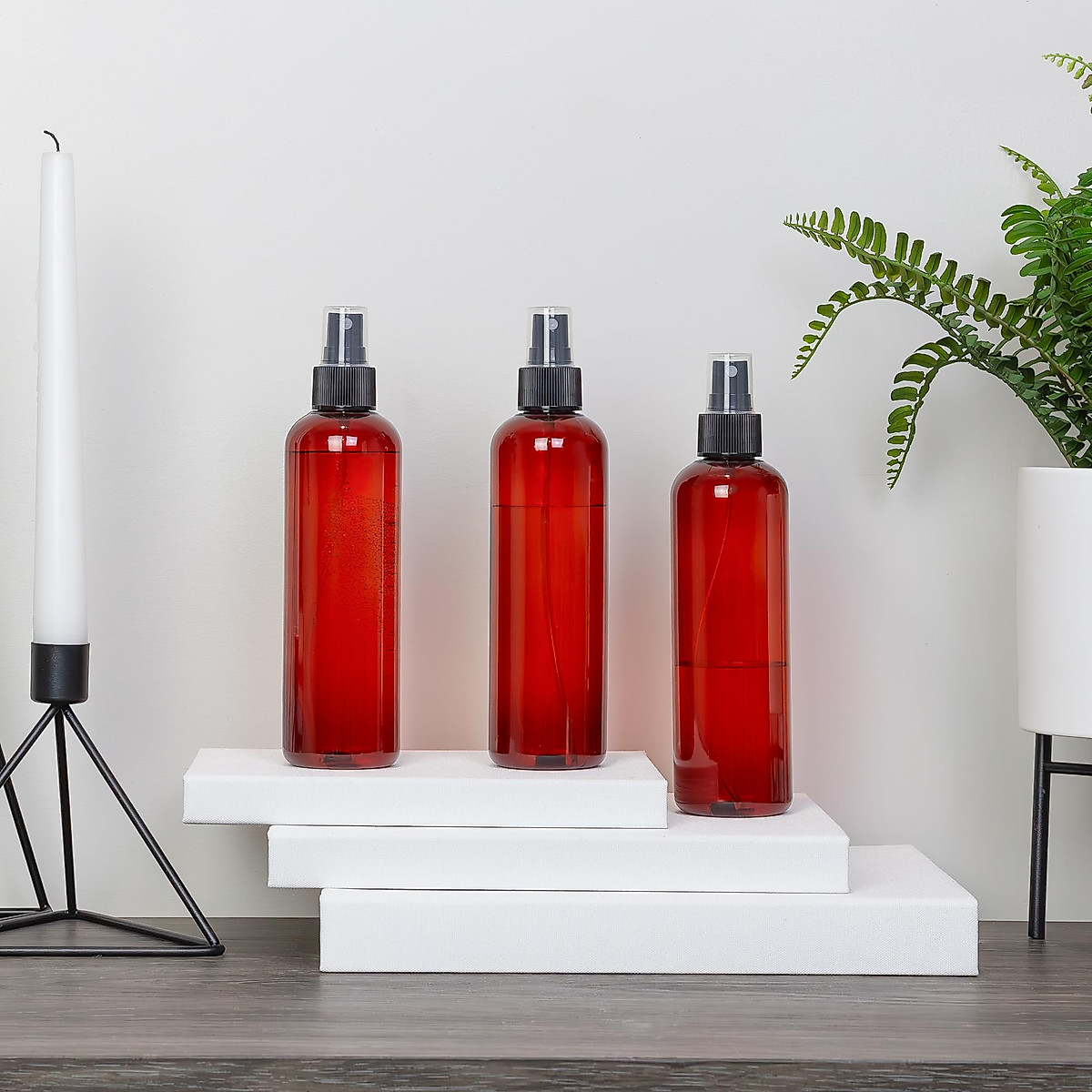 Cornucopia 8oz Amber Brown Plastic Spray Bottles with Fine Mist Atomizers (6-Pack); for DIY Home Cleaning, Aromatherapy, & Beauty Care