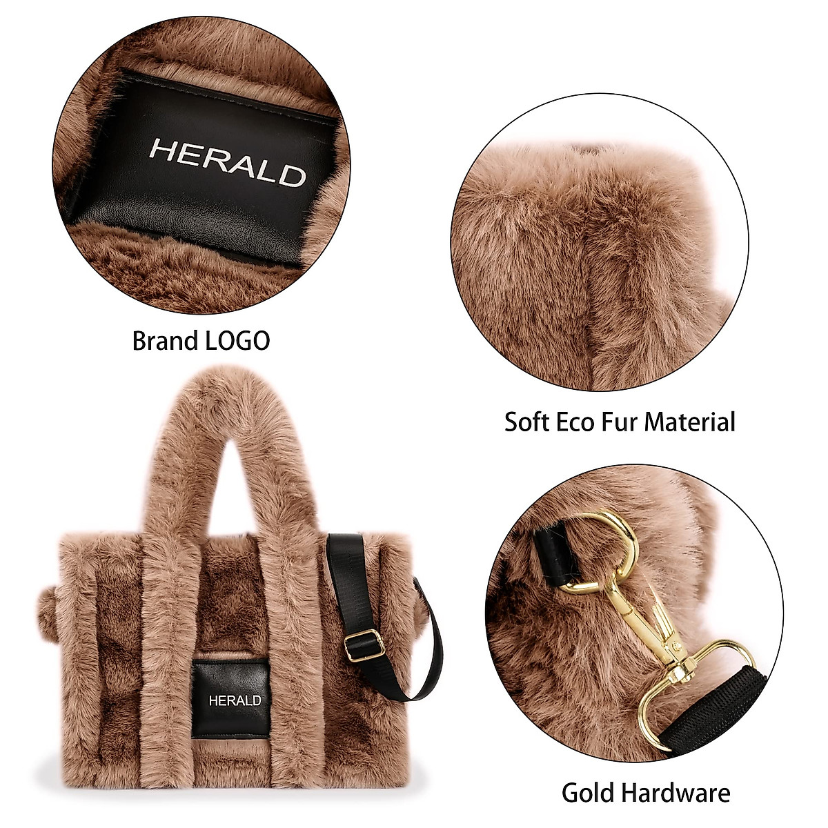Herald Large Tote Bags For Women Soft Winter Fluffy Fuzzy Furry Plush Top Handle Purse and Handbag With Shoulder Strap (Khaki)