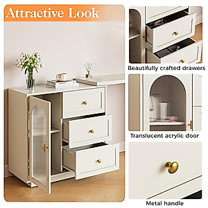 RoyalCraft Makeup Vanity Desk, Extendable Corner Vanity Makeup Table with 3 Drawers & 1 Door, Modern Dressing Table for Bedroom, Cream White Makeup Vanity Without Mirror