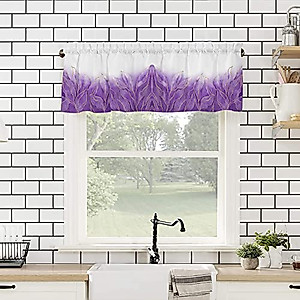 Kitchen Valance for Windows Rod Pocket Curtain Valances Purple Gradient Abstract Leaf Gold Edge White Back Privacy Short Curtains Panels Window Treatment for Bathroom Ombre Geometric Art 54x18in