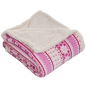 Lavish Home Pink Fleece Sherpa Blanket Throw Snowflakes, 50" x 60"