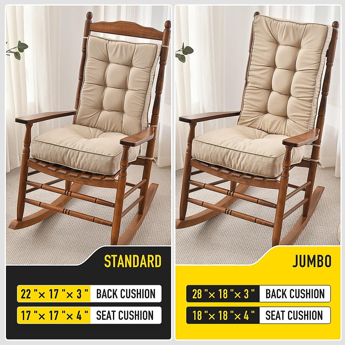 SUNROX Memory Foam Jumbo Rocking Chair Cushions, FadeShield Water Resistant Non Slip Durable Tufted Pads, Set of Seat & Back Cushion with Ties for Indoor/Outdoor Rocker, 2 Piece, Husk Birch