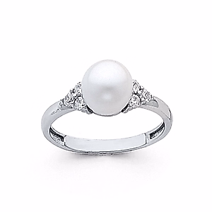 14k White Gold SOLID 8mm Freshwater Cultured Pearl Wedding Engagement Ring - Size 6