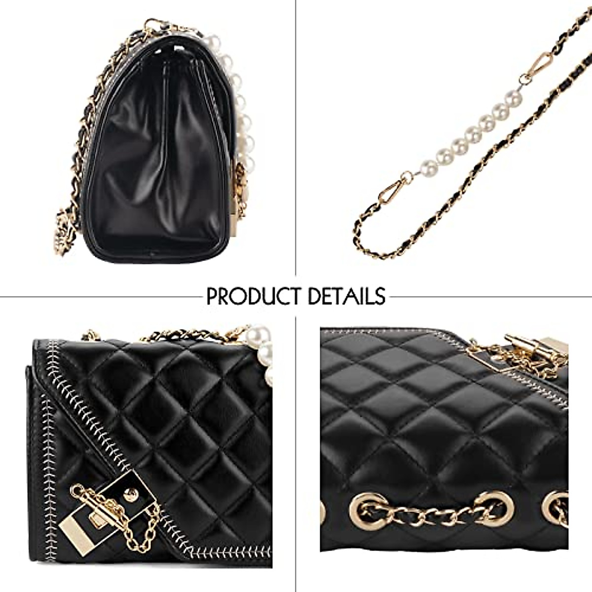 Quilted Cellphone Crossbody Purses for Women, Chain Small Black Shoulder Pearl Bag, Retro Evening Clutch Handbag for Prom, Party, Wedding, Cocktail