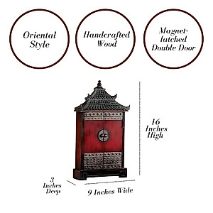 Touch of Class Oriental Pagoda Key Wall Cabinet Bronze - Oriental Furnishings Asian Accent - Accommodates Multiple Sets - Six Hooks Inside - Magnet Latched Double Door