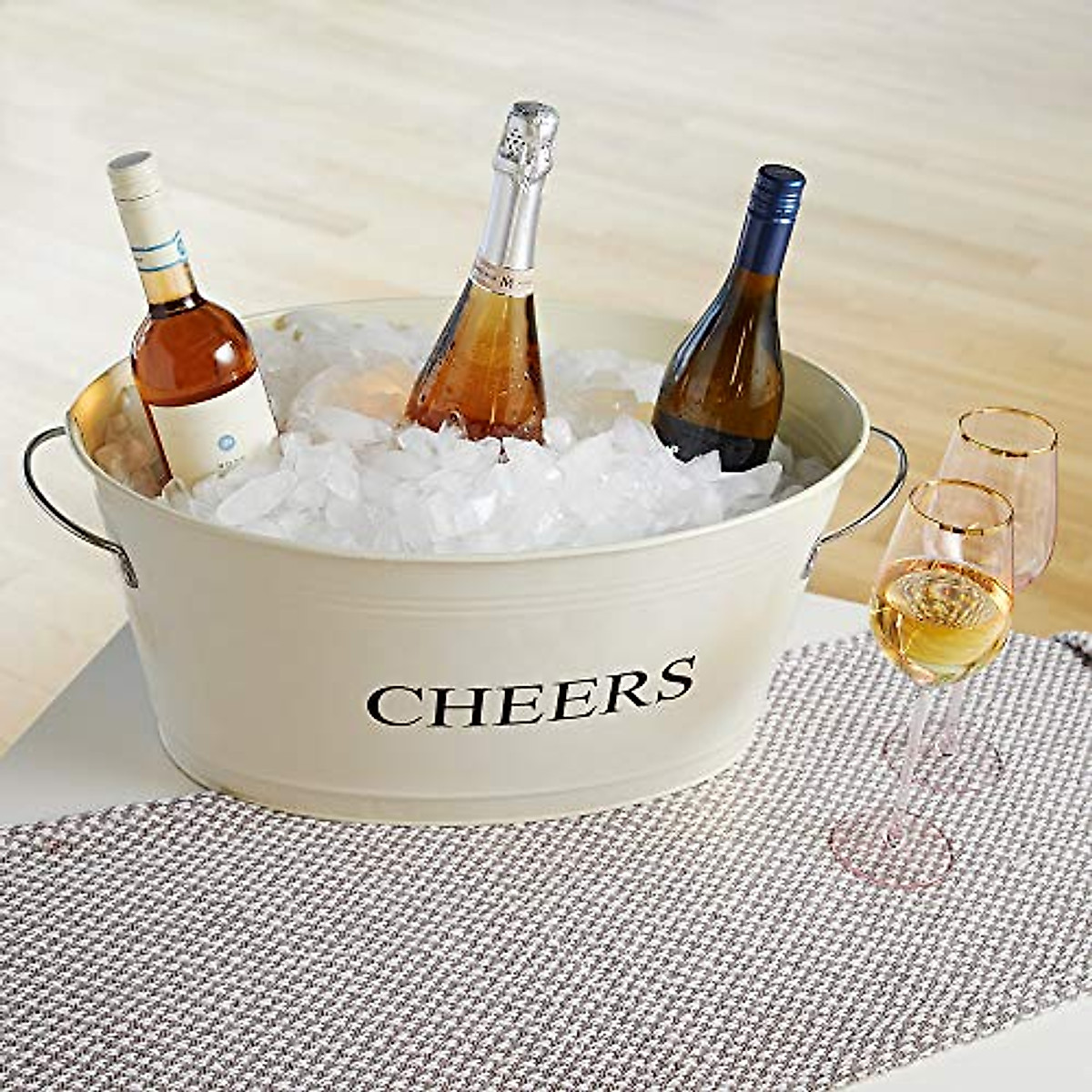 Twine Rustic Farmhouse Decor Ice Bucket & Galvanized Cheers Beverage Tub for Parties, 6.3 Gallons, Cream