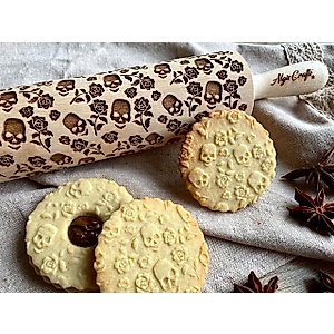 SUGAR SKULL and ROSES Embossed Rolling Pin for Halloween cookies. Laser Engraved Dough Roller for Embossing Homemade Cookies by Algis Crafts