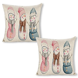 Cute Pink Blue Snowman Throw Pillow Covers 18×18 Pillowcases Set of 2 Watercolor Christmas Linen Decorative Square Pillow Case Cushion Covers Standard Size for Sofa Couch Outdoor Bed Pillow Protectors