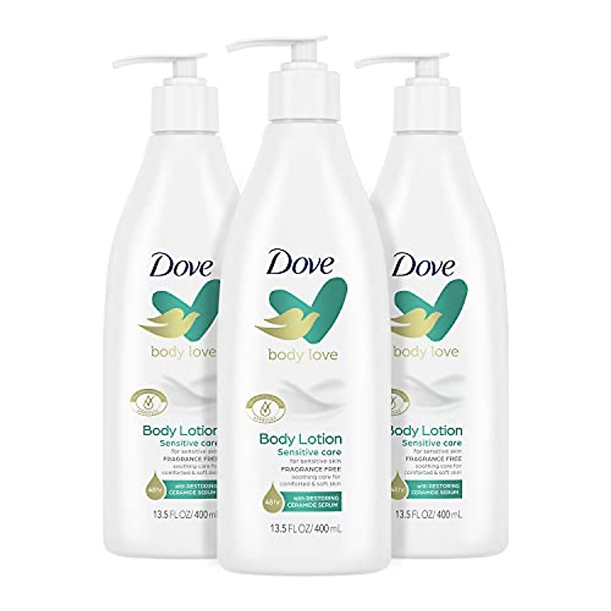 Dove Body Love Fragrance Free Lotion for Rough or Dry Skin Sensitive Care Soothes and Comfort, White, 13.5 Oz, Pack of 3