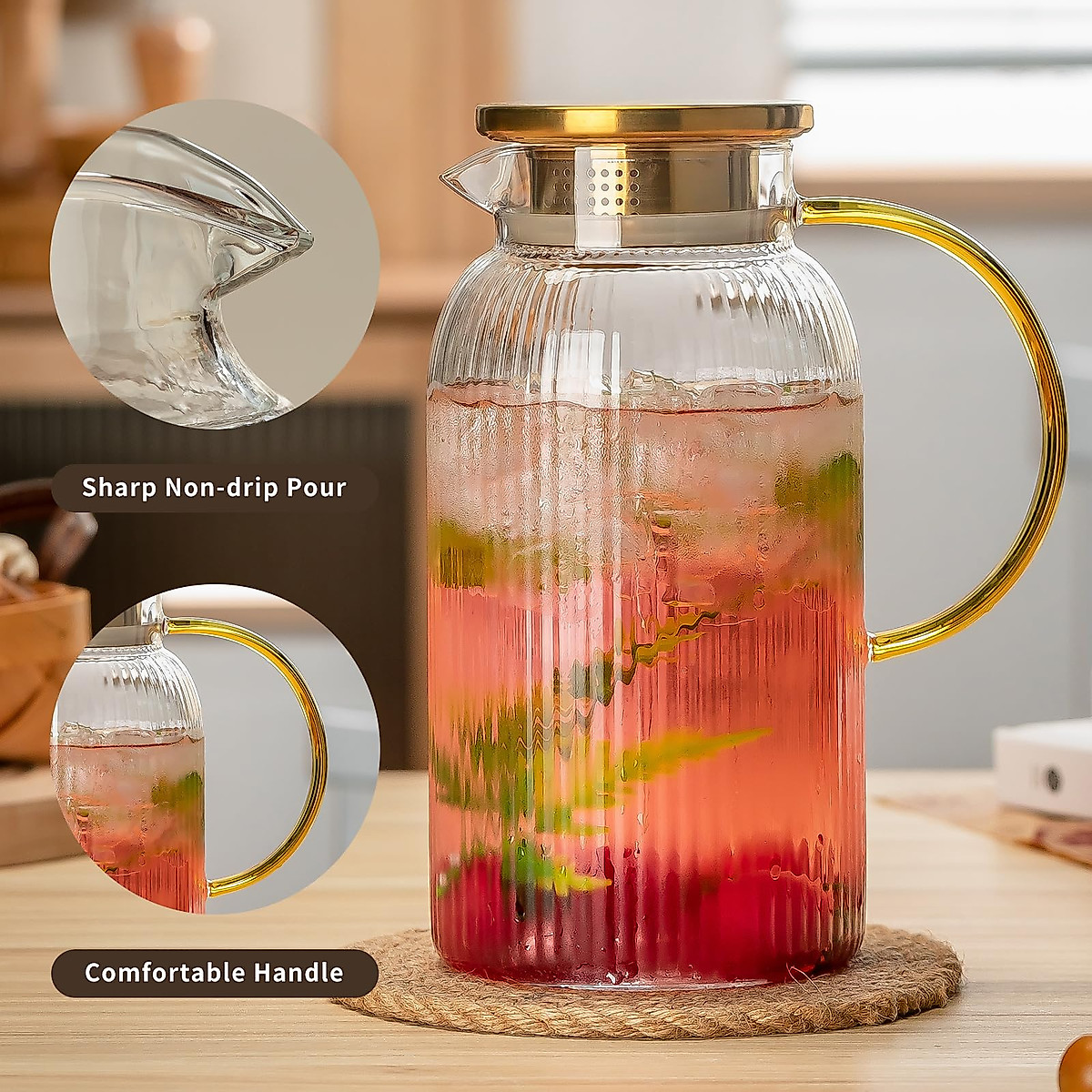 Buaic 2 PACK Glass Pitcher with Lid, 68 oz/ 2 Liter Classic Vertical Stripes Water Pitcher,Glass Water Carafe for Cold Brew, Coffee, Lemonade, Iced Tea,Beverage, Heat Resistant Water Glass Jug