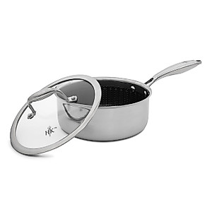 Hell's Kitchen Hybrid 2.5 Qt Saucepan and lid, Tri-Clad Stainless Steel and Nonstick Ceramic, PFAS Free, no PFOA, PTFE, or Teflon, Non Toxic Cookware, Metal Utensil Safe, All Cooktops and Oven Safe