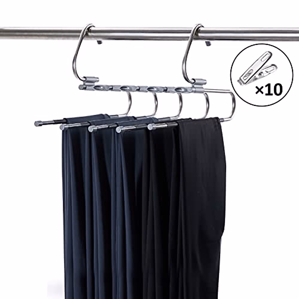 TECHMILLY Magic Pants Hangers Space Saving with Clips, 1 Pack Non-Slip Closet Organizer Hanger, Multi Use 5 in 1 Rack for Jeans, Trousers, Leggings (Gray)