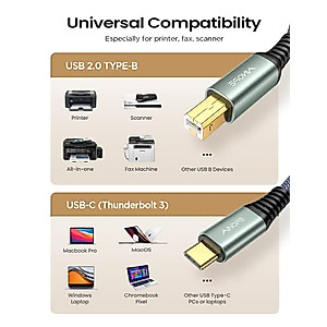 AINOPE USB C Printer Cable 6.6 FT USB B to USB C Printer Cable [2022 Upgrade] 2.0 High-Speed Premium Nylon Printer Cord for MacBook Pro/Air, USB C MIDI Cable for Casio Digital Piano MIDI Controller