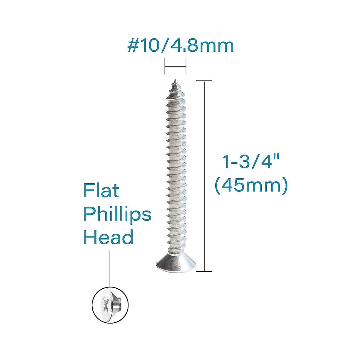 #10 x 1-3/4" Wood Screws, Self-Tapping Cabinet Screws 25pcs, Flat Head 18/8 Stainless Steel Sheet Metal Screws Countersunk Phillips Drive for Indoor and Outdoor Wooden Working by IMSCREWS