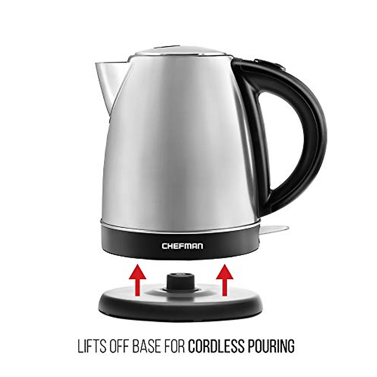 Chefman Stainless Steel Electric Kettle Quickly Heats Water, Separates from Base for Cordless Pouring, Auto Shut Off Boil Dry Protection, BPA-Free Interior & Cool-Touch Handle, 1.7 Liter/1.8 Quart