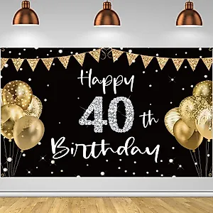 Holkcog 40th Birthday Decoration Women - Black Gold 40th Birthday Banner Background 40th Birthday Party Photography Background Happy 40th Birthday Banner 40th Perfection Birthday Decoration Women Men…
