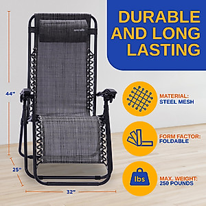 SereneLife Zero Gravity Chairs Set of 2 - Adjustable Mesh Lawn Chairs - Outdoor Lounge Chairs with Side Table 2 Cup Holders - Foldable Outdoor Chair with Removable Pillows - Mixed Grey