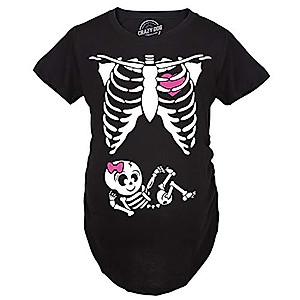 Maternity Baby Girl Skeleton Cute Halloween Pregnancy Bump Tshirt (Black) - L Crazy Dog Novelty Maternity T-Shirts for Halloween Season Soft Comfortable Funny Graphic Maternity Heather Black - Ba L
