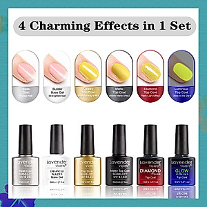 Lavender Violets 42 Pcs Gel Nail Polish Set, Gel Nail Kit with 36 Gel polish Colors Coat, 6 Bottles of Base top Coat, Glossy Matte Diamond Shine Glow in the Dark Top Coat for Nail Art C954