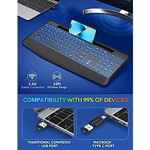 Wireless Keyboard with 7 Colored Backlits, Wrist Rest, Phone Holder, Rechargeable Ergonomic Computer Keyboard with Silent Keys, Full Size Lighted Keyboard for Windows, Mac, PC, Laptop (Black)