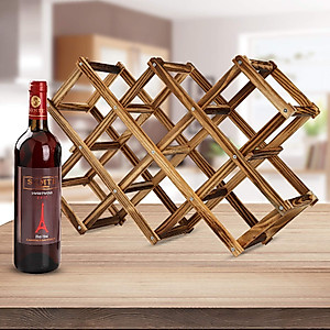 GADIEDIE 10 Bottles Capacity Foldable Free Standing Wooden Wine Rack Countertop Wine Racks,Storage Wine Rack, for Kitchen, Bars, Pantry, Wine cellars, Wine Storage cabinets ,Carbonized Wood Color