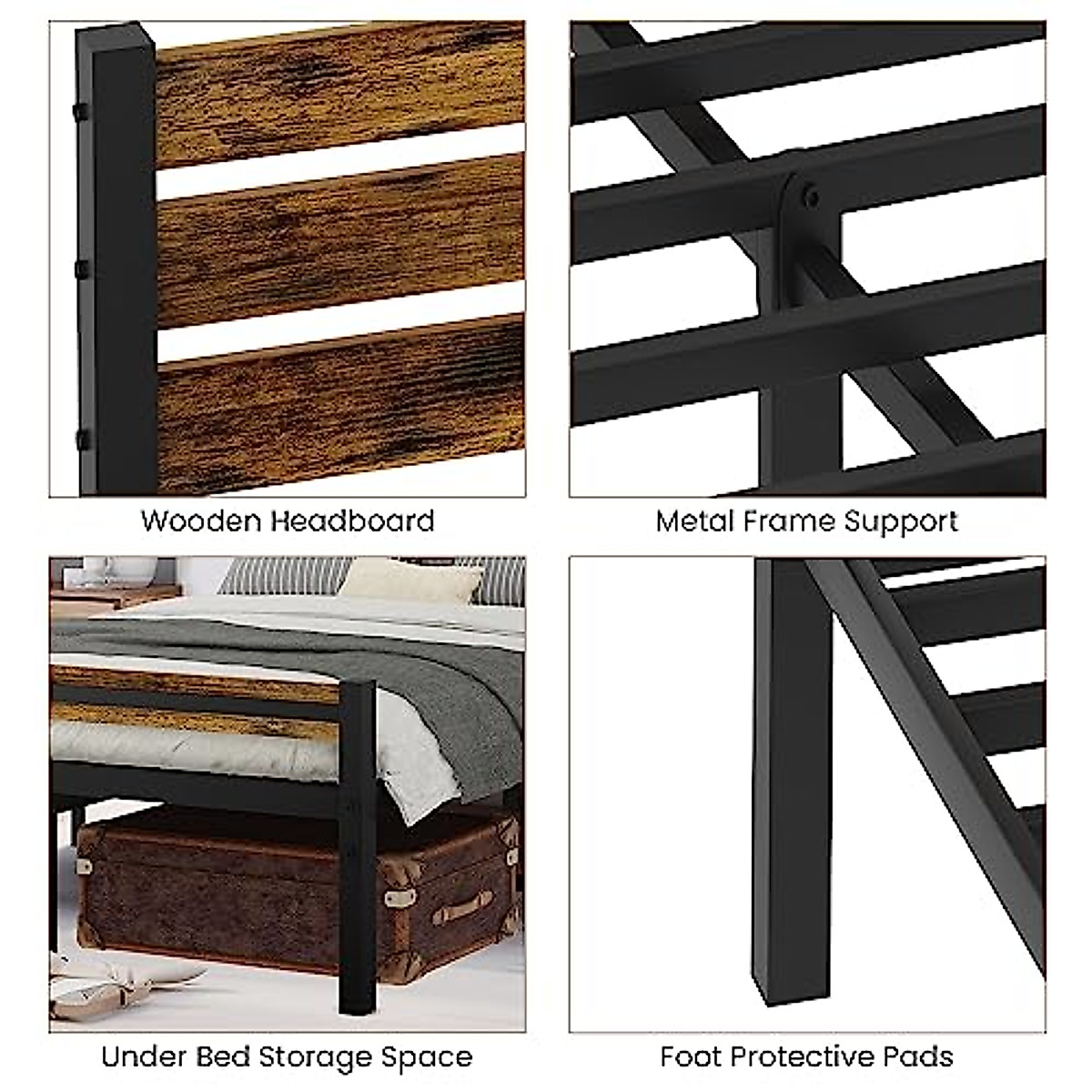 AWQM 14 Inch Full Bed Frame, Metal Platform Full Size Bed Frame with Wood Headboard and Footboard, No Noise, No Box Spring Needed, Bed Central with Extra Metal Support, More Sturdy, Rustic Brown+Black