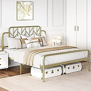 Amyove Gold Metal Queen Size Bed Frame with Headboard and Footboard, 12.6 Inches Metal Mattress Foundation for Storage, No Box Spring Needed, Easy Assembly, Modern Style Furniture (Branch)