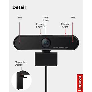 Lenovo HD 1080p Webcam (LC50) - Monitor Camera with 90° Wide Angle, Dual Microphones & Smart Video Capture – Magnetic Desktop Cam w/ Privacy Shutter & Light for Virtual Class, Meetings & Conferences