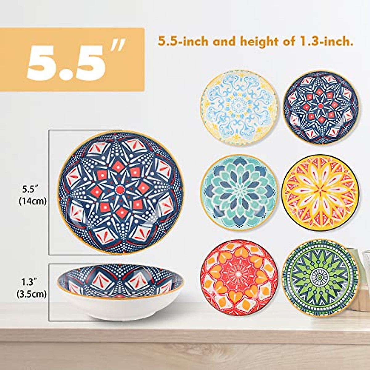 5.5 inch Wide Shallow Cat Food Bowl Set for Relief Whisker Fatigue -Ceramic - 6 Colorful Cute Small Flat Kitten Feeding Dish/ Dishes - Microwave and Dishwasher Safe - 8 oz